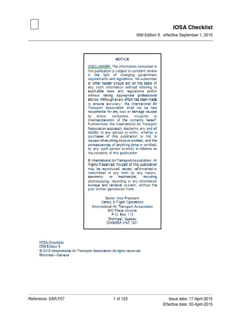 IOSA Checklist: ISM Edition 9 - Effective September 1, 2015 | PDF ...