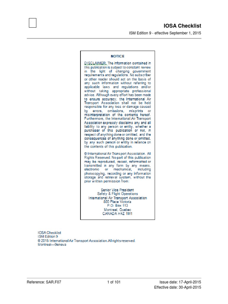 IOSA Checklist: ISM Edition 9 - Effective September 1, 2015 | PDF ...