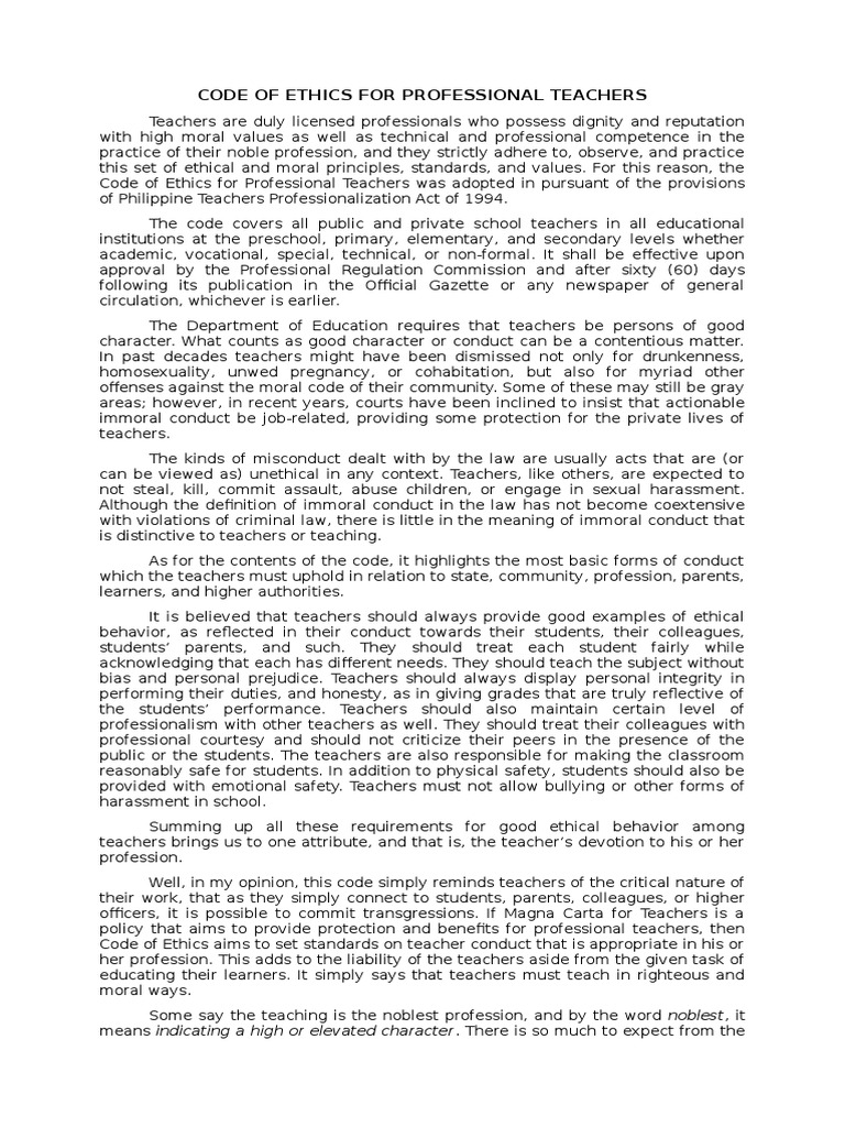 Code of Ethics for Professional Teachers | Profession | Morality Code of Ethics for Professional Teachers | Profession | Morality