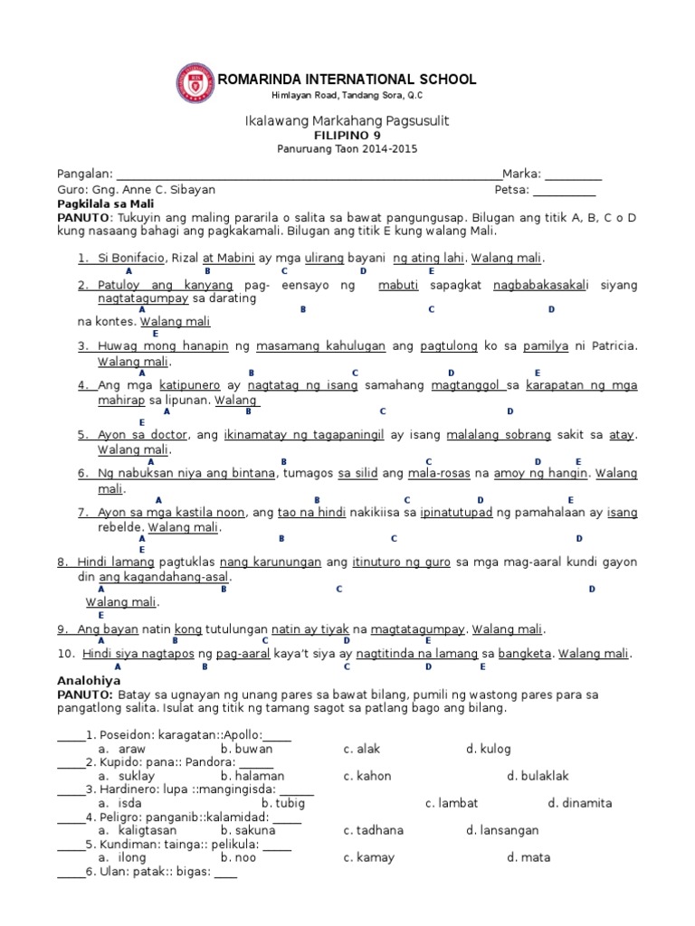Pagsusulit Sa Filipino | PDF