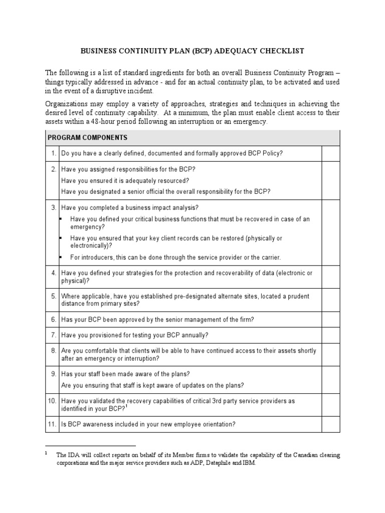 Business Continuity Plan (BCP) Adequacy Checklist: Program Components ...
