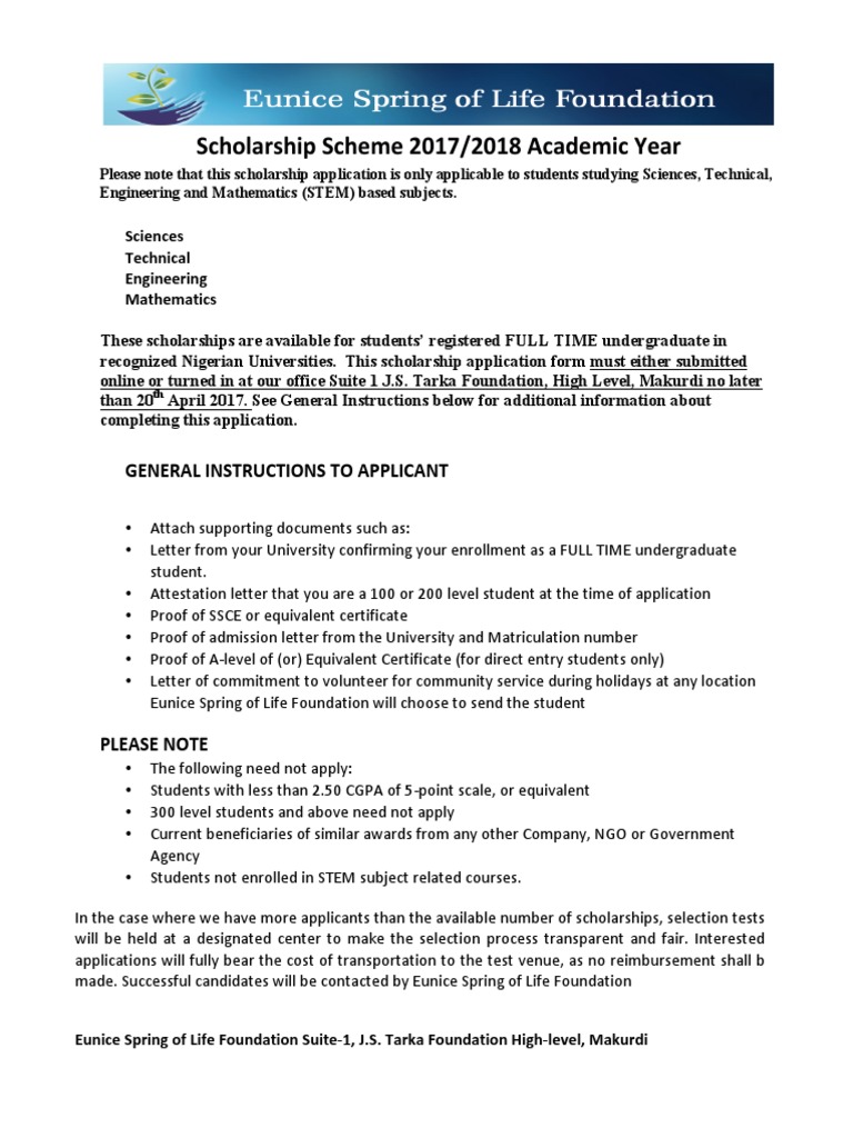 ESLF Scholarship Application | PDF | Undergraduate Education ...