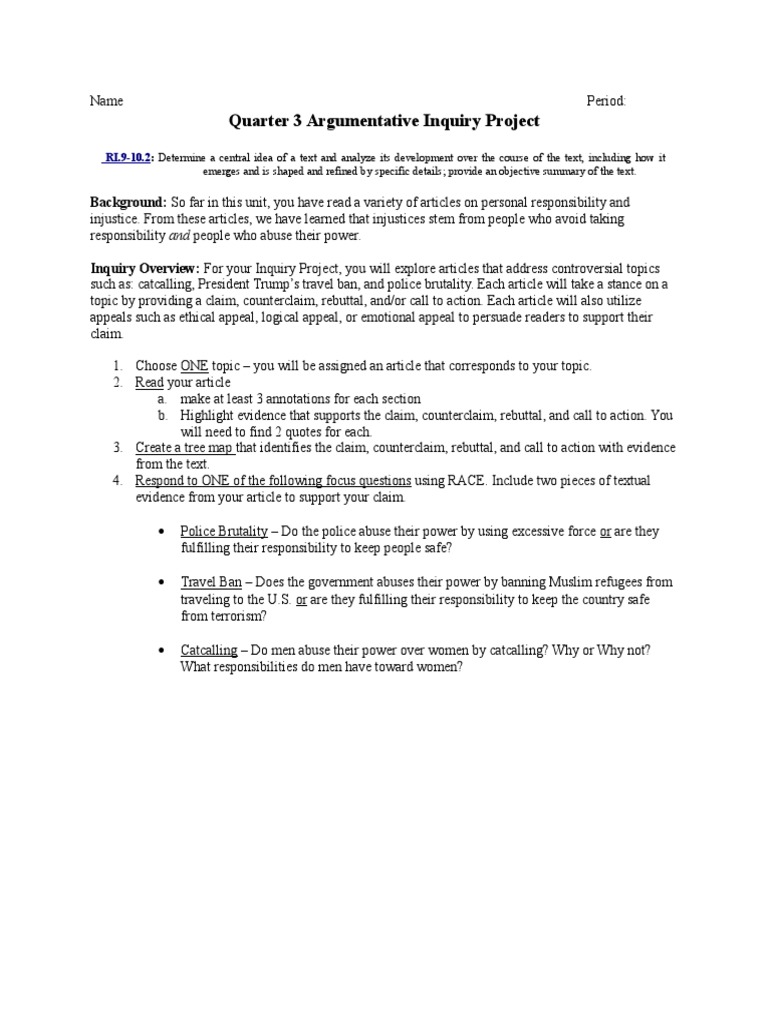 Q3 Argumentative Inquiry Project Guide | PDF