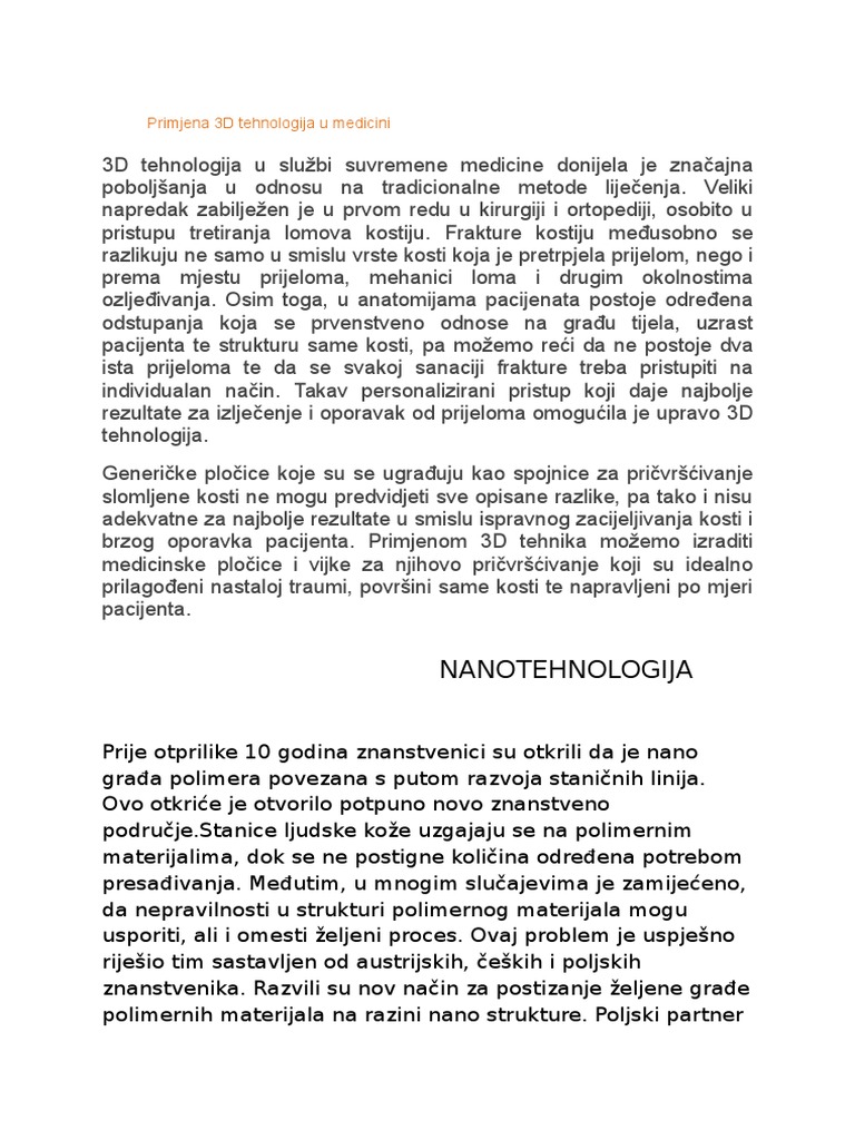 Primjena 3D Tehnologija U Medicini | PDF