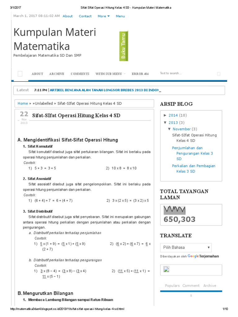 Sifat-SIfat Operasi Hitung Kelas 4 SD - Kumpulan Materi Matematika | PDF