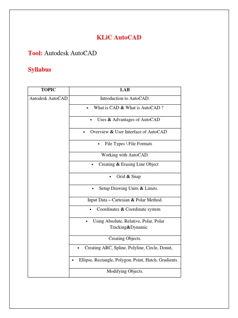 Autodesk Autocad: Klic Autocad Tool: Syllabus | PDF
