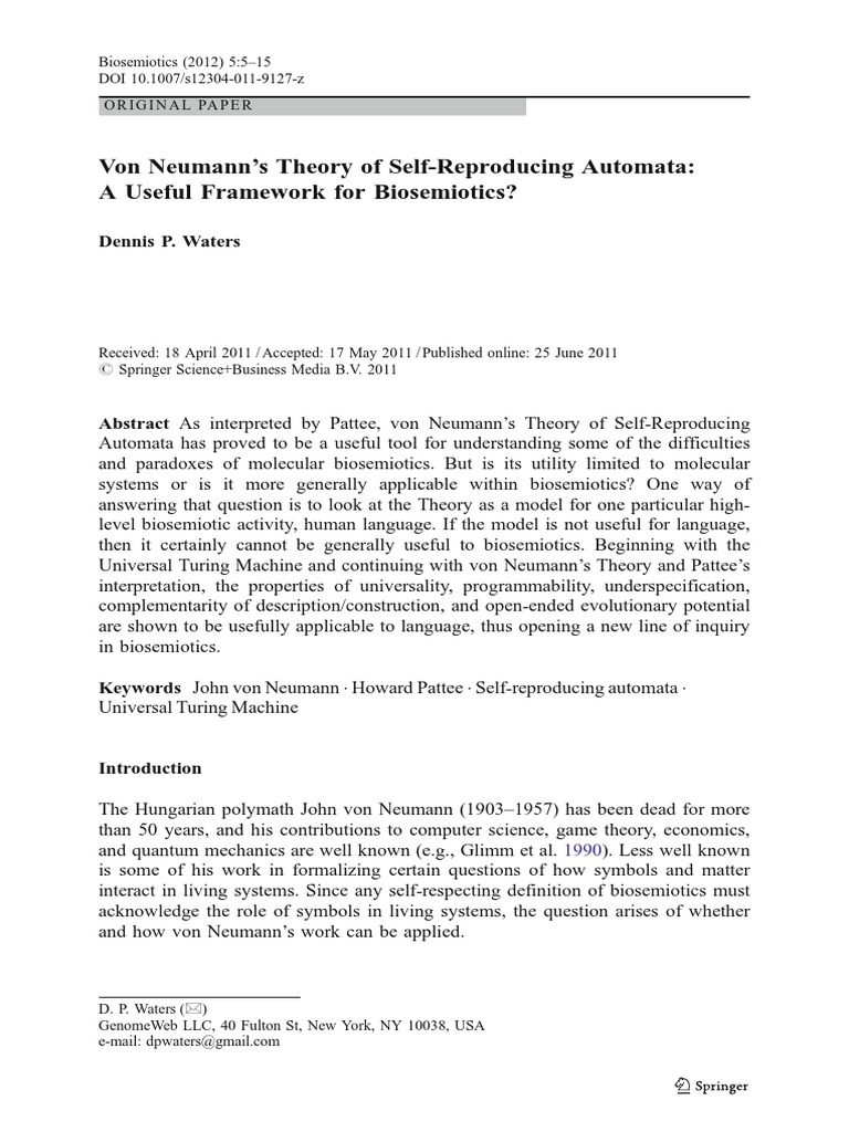 Von Neumann 'S Theory of Self-Reproducing Automata: A Useful Framework ...