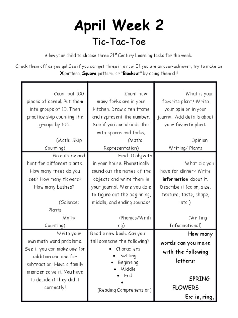April Homework Quad D Tic Tac Toe | PDF | Teaching Mathematics | Leisure