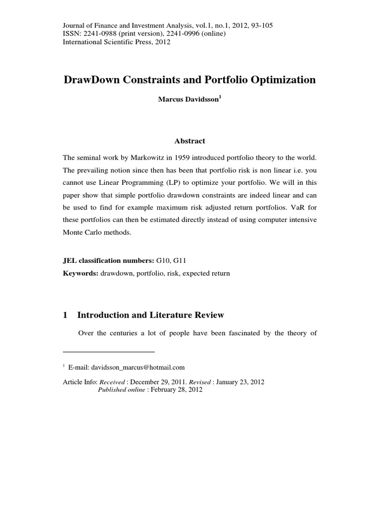 Drawdown Constraints and Portfolio Optimization: Marcus Davidsson | PDF ...