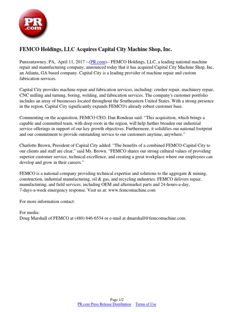 FEMCO Acquires Capital City Machine Shop | PDF | Metal Fabrication ...