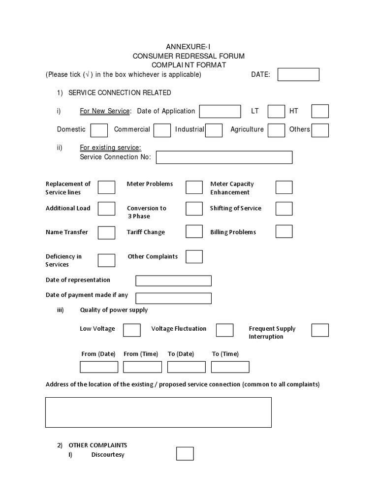 Annexure-I Consumer Redressal Forum Complaint Format | PDF | Electrical Engineering | Computing ...
