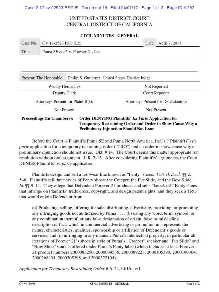 Puma v. Forever 21 - Order Denying TRO | PDF | Ex Parte | Injunction