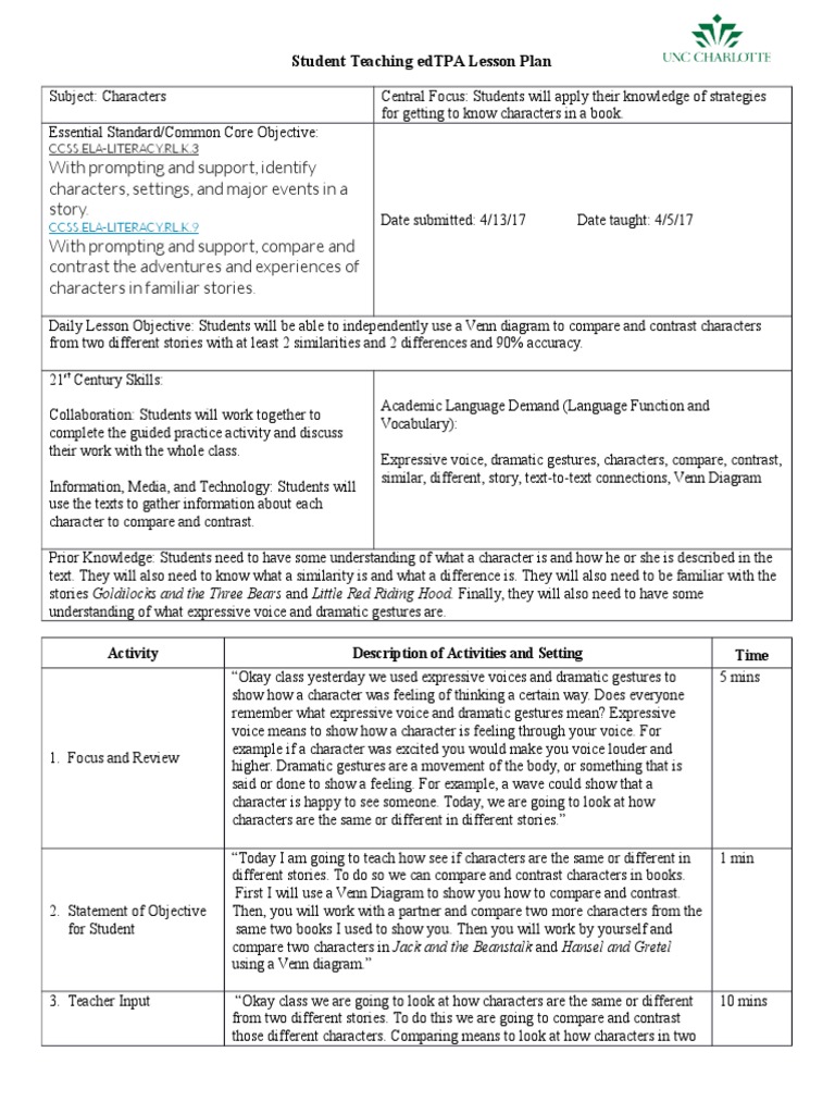 Student Teaching Edtpa Lesson Plan: Ccss - Ela-Literacy - Rl.K.3 | PDF ...