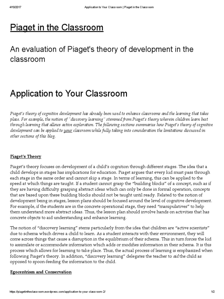 Piaget's Theory for Teachers | PDF | Cognitive Development | Learning