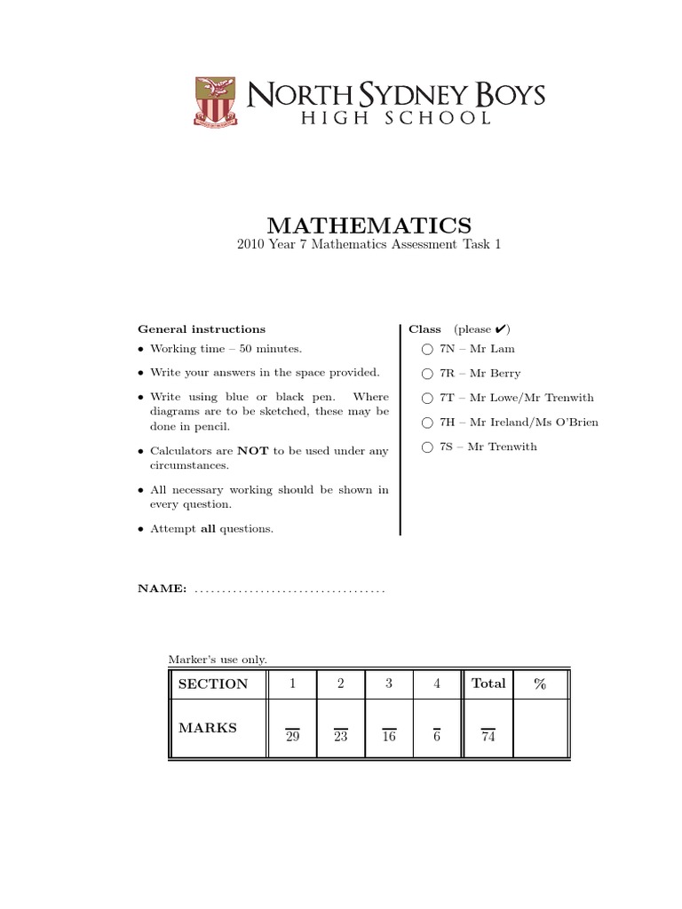 Mathematics: 2010 Year 7 Mathematics Assessment Task 1 | PDF | Teaching ...