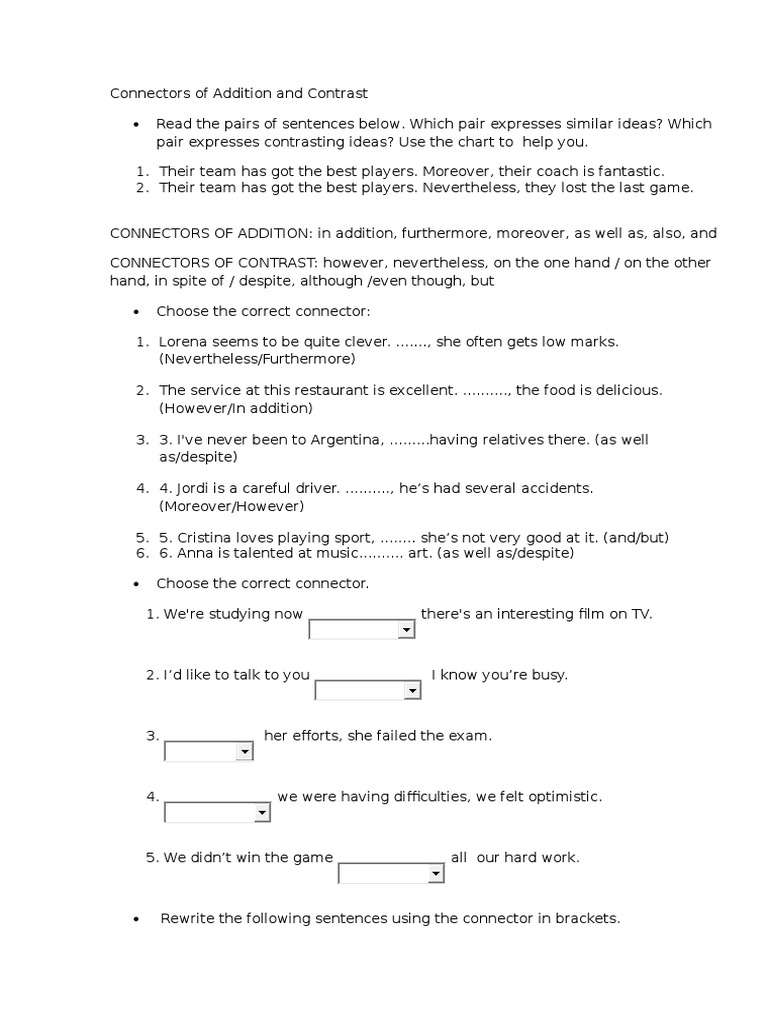 Connectors of Addition and Contrast | PDF