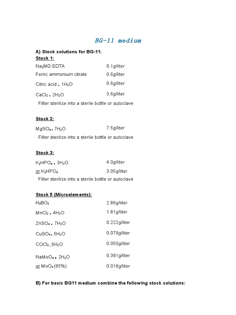 BG-11 Medium: A) Stock Solutions For BG-11: Stock 1 | PDF