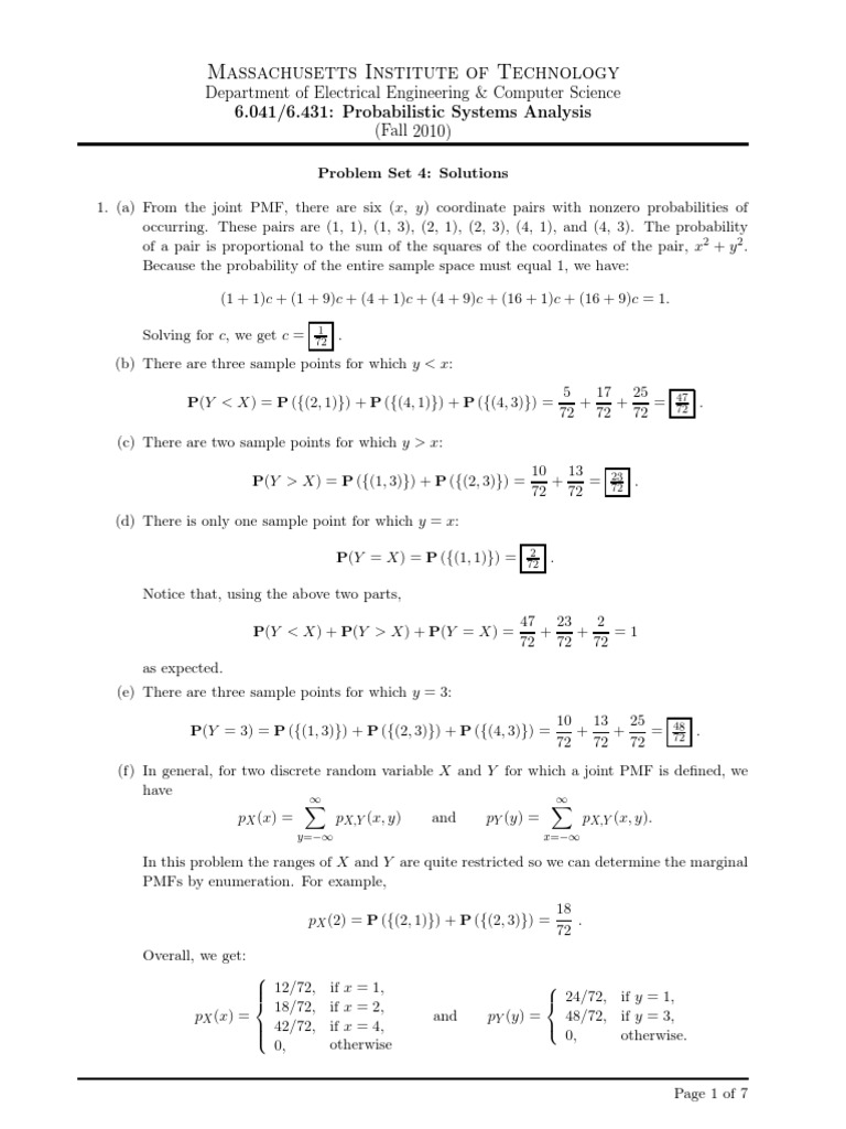MIT Probabilistic Systems Analysis Problem Set 4 Solutions | PDF ...
