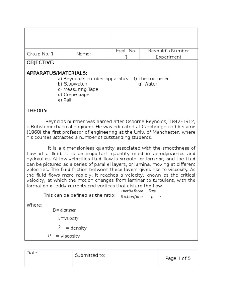 Expt 1 - Reynolds Number | PDF | Reynolds Number | Fluid Dynamics