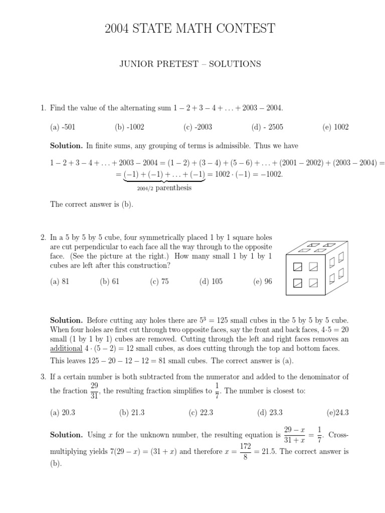 2004 State Math Contest: Junior Pretest - Solutions | PDF | Fraction ...