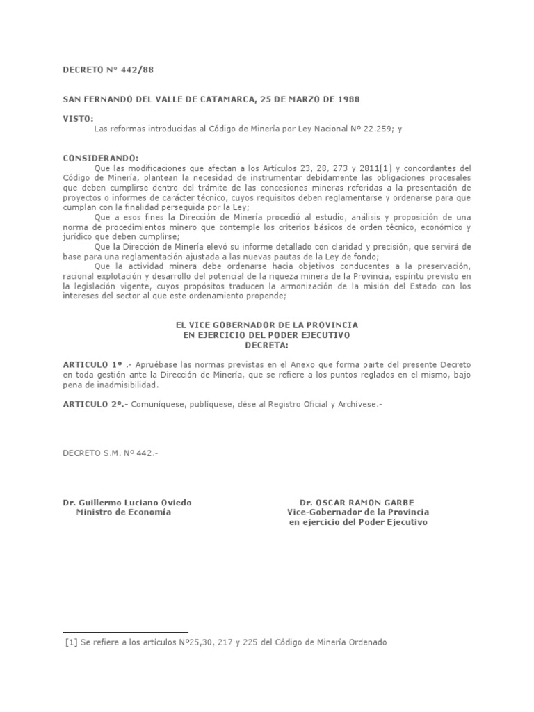 Decreto-442 - Normas para Gestiones Ante La Direccion de Mineria | PDF | Minería | Geología