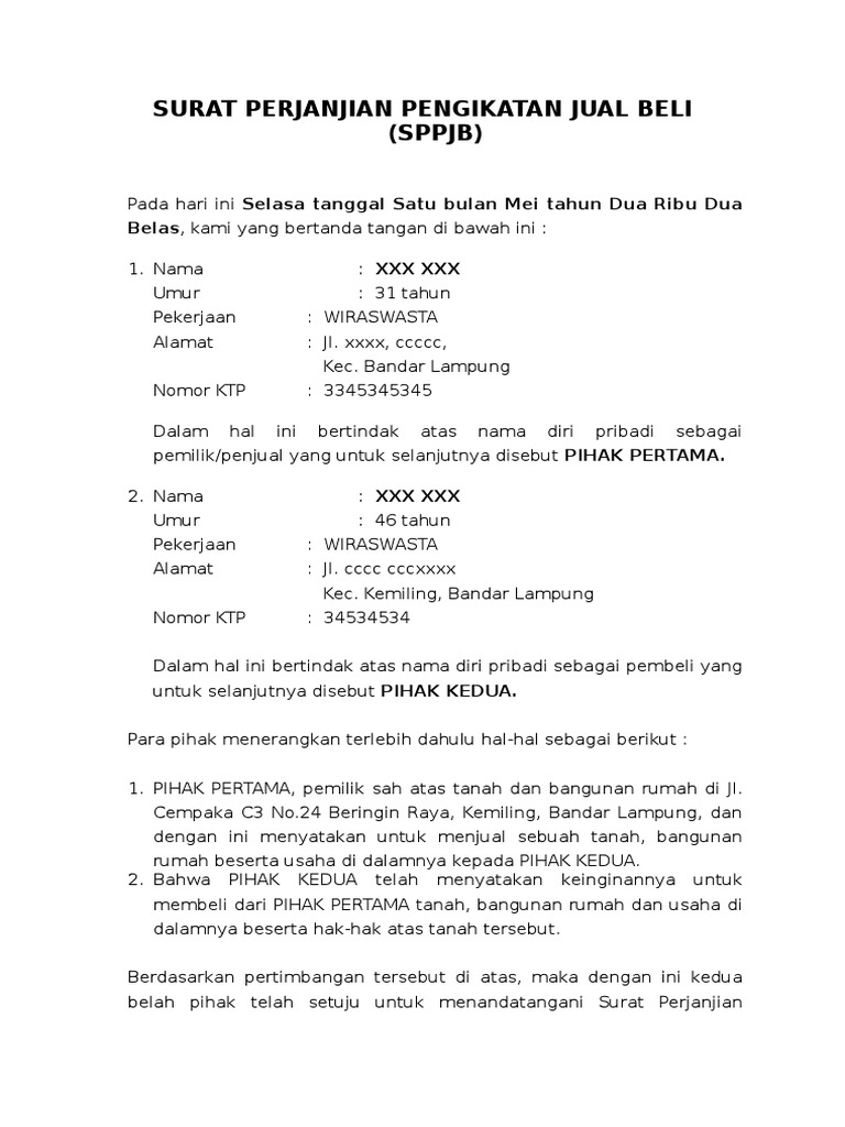 Surat Perjanjian Pengikatan Jual Beli (SPPJB) | PDF
