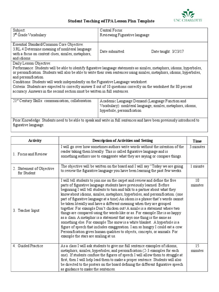 Student Teaching Edtpa Lesson Plan Template: Activity Description of ...