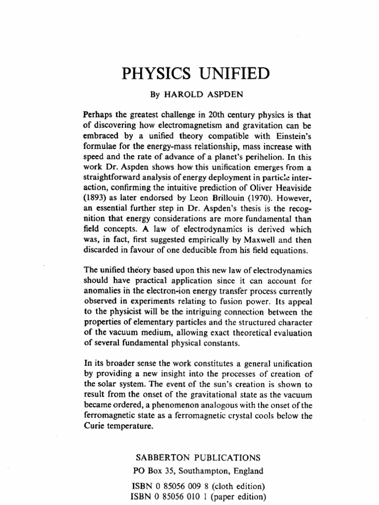 Unified Theory of Physics by Aspden | PDF | Science & Mathematics