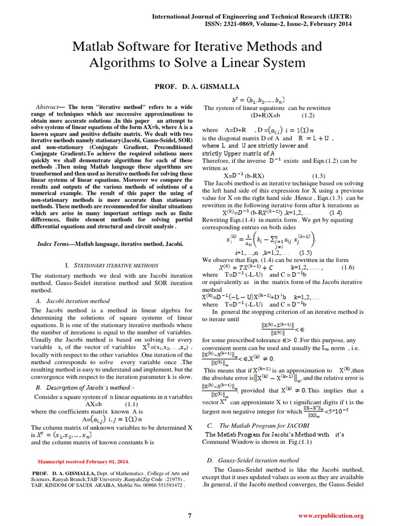Matlab Software For Iterative Methods and Algorithms To Solve A Linear System | PDF ...