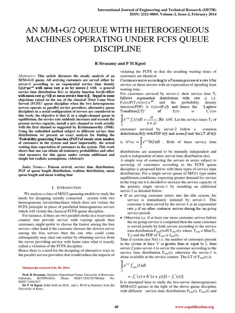 An M/M+G/2 Queue With Heterogeneous Machines Operating Under Fcfs Queue Discipline | PDF ...