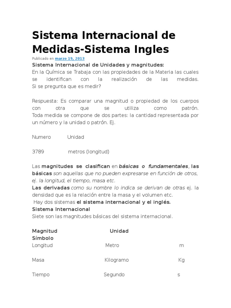 Sistema Internacional de Medidas y Sistema Ingles | PDF | Sistema ...