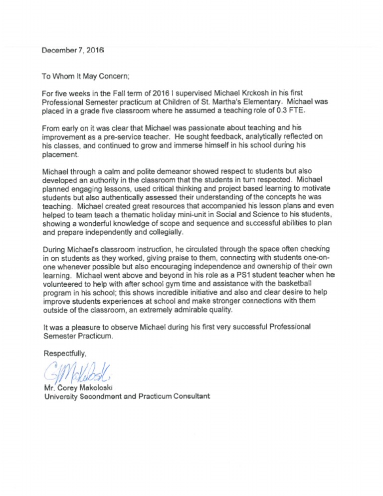 Corey Makoloski Reference Letter | PDF