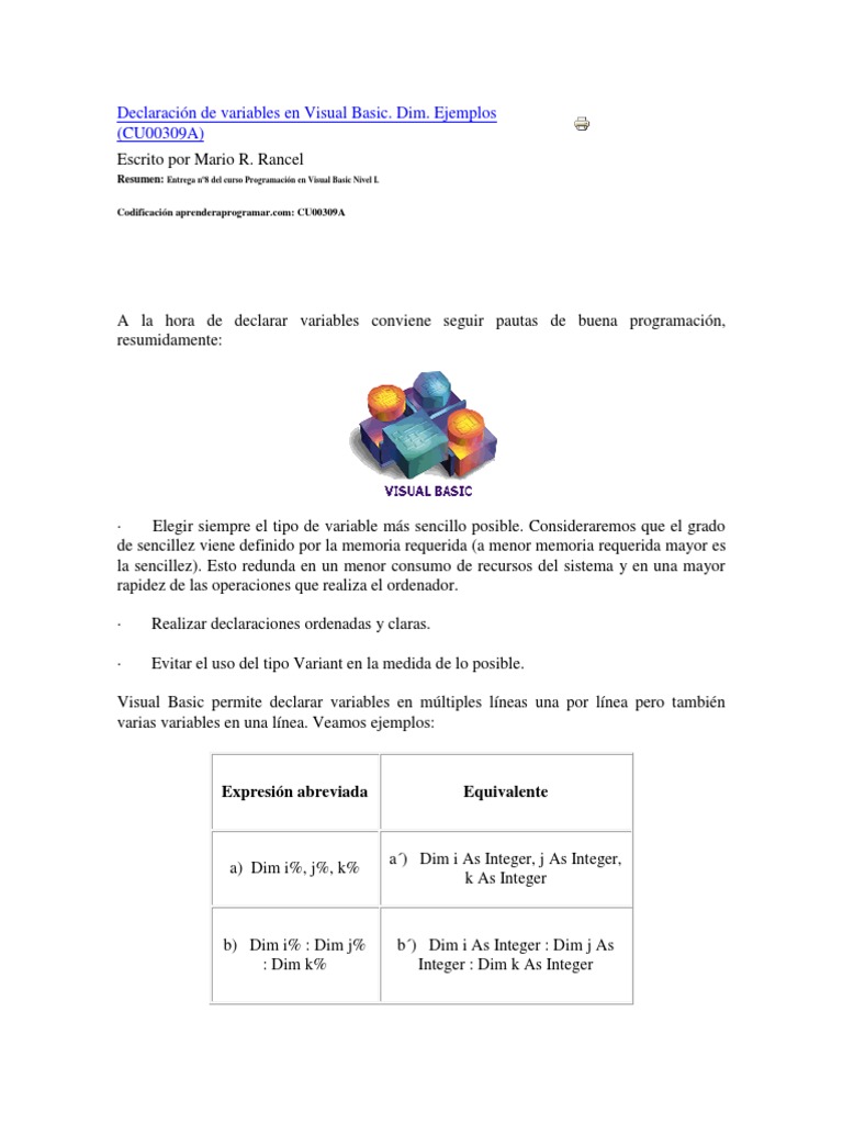 Declaración de Variables en Visual Basic | PDF | Básico | Variable ...