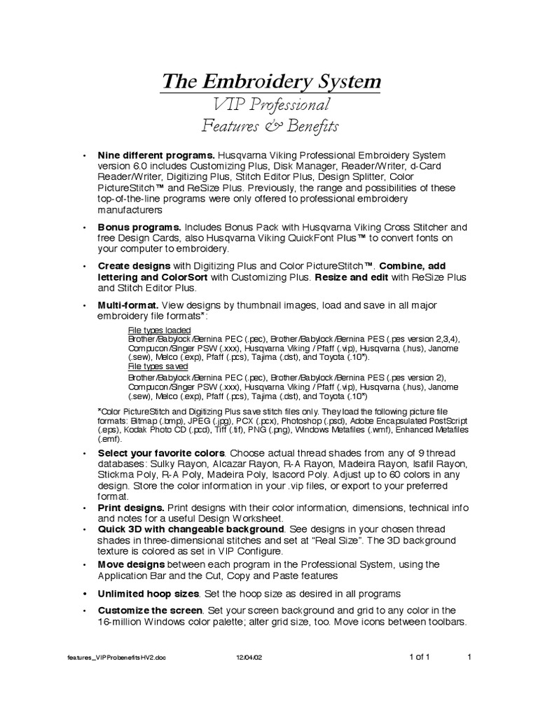 Husqvarna Viking VIP Embroidery System Features | PDF | Embroidery ...