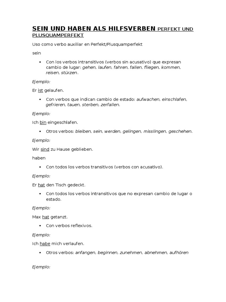Sein Und Haben Als Hilfsverben Perfekt Und Plusquamperfekt | PDF ...