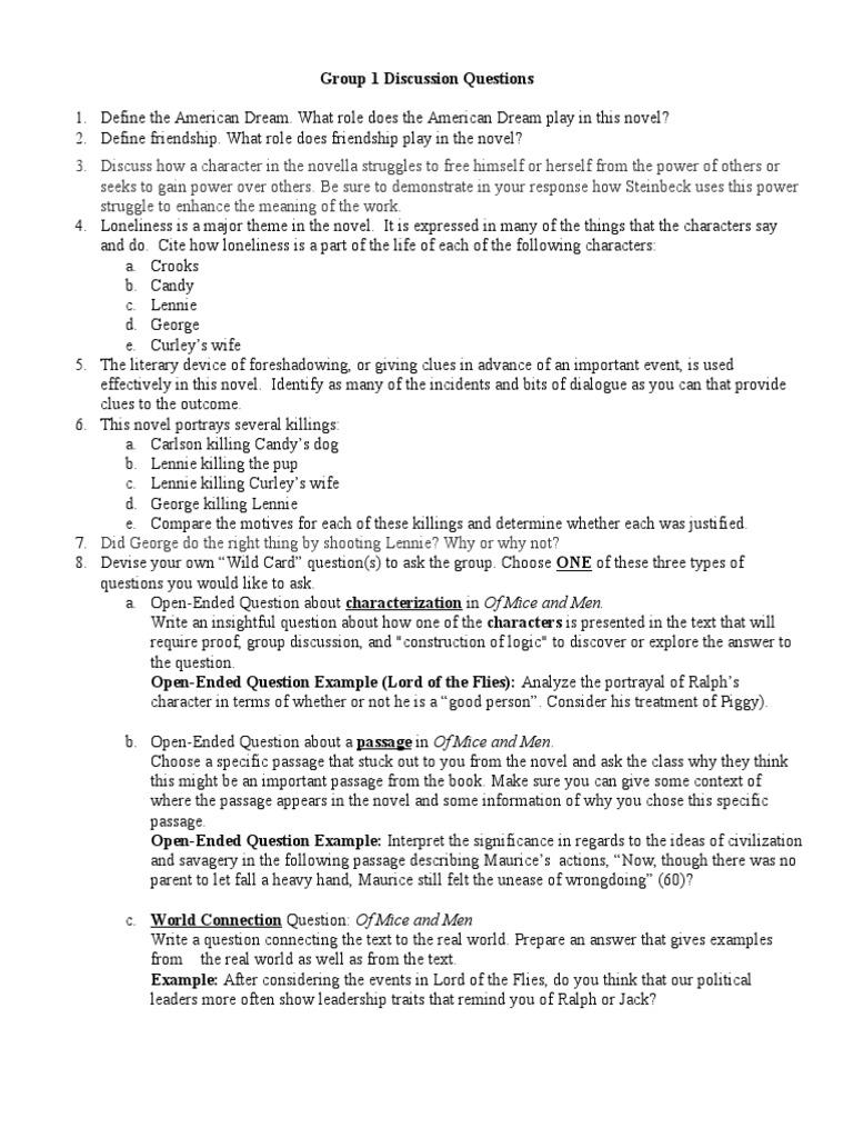 Of Mice and Men Socratic Seminar Questions | PDF | Cognition ...