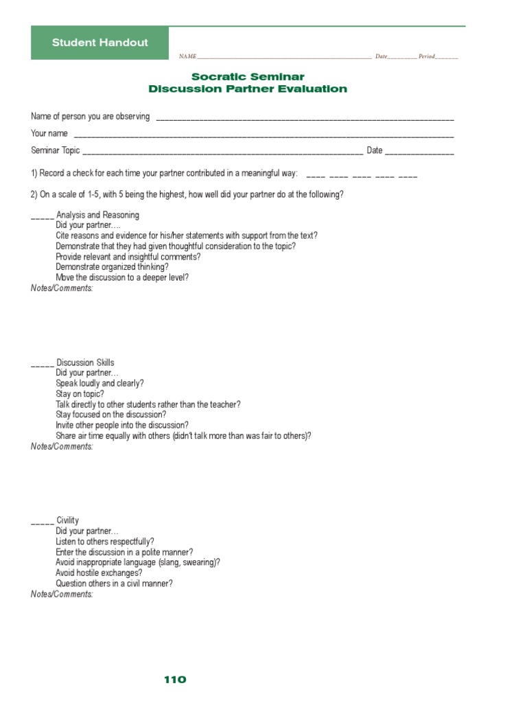 Socratic Seminar Peer Review Form | PDF