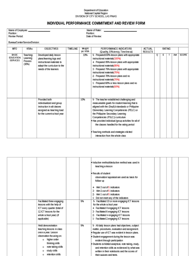 Ipcrf Rating Form | Educational Technology | Lesson Plan