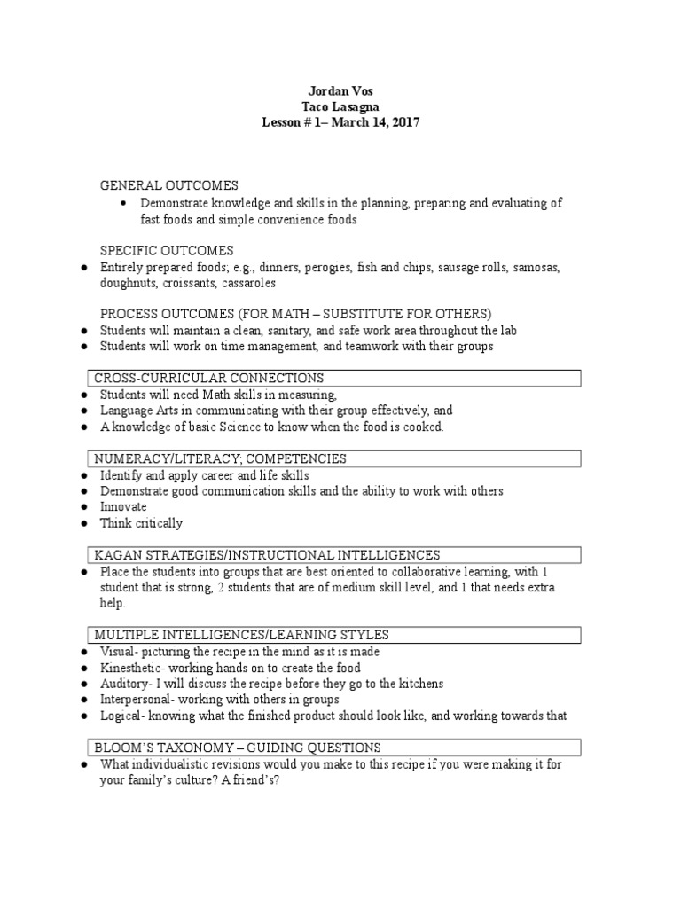 Foods Lesson Plan Taco Lasagna | PDF | Lesson Plan | Foods