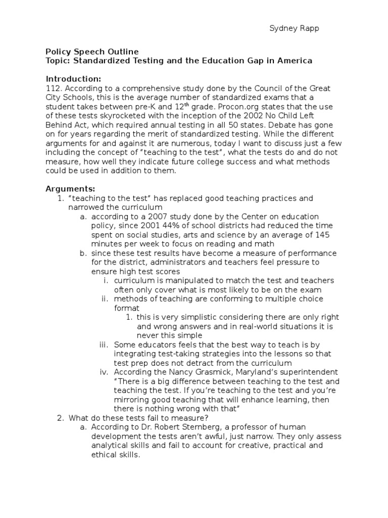 Policy Speech Outline | PDF | Standardized Tests | Test (Assessment)