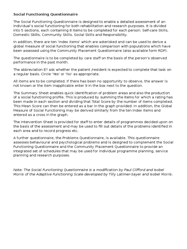 Social Functioning Questionnaire | Leisure | Conversation