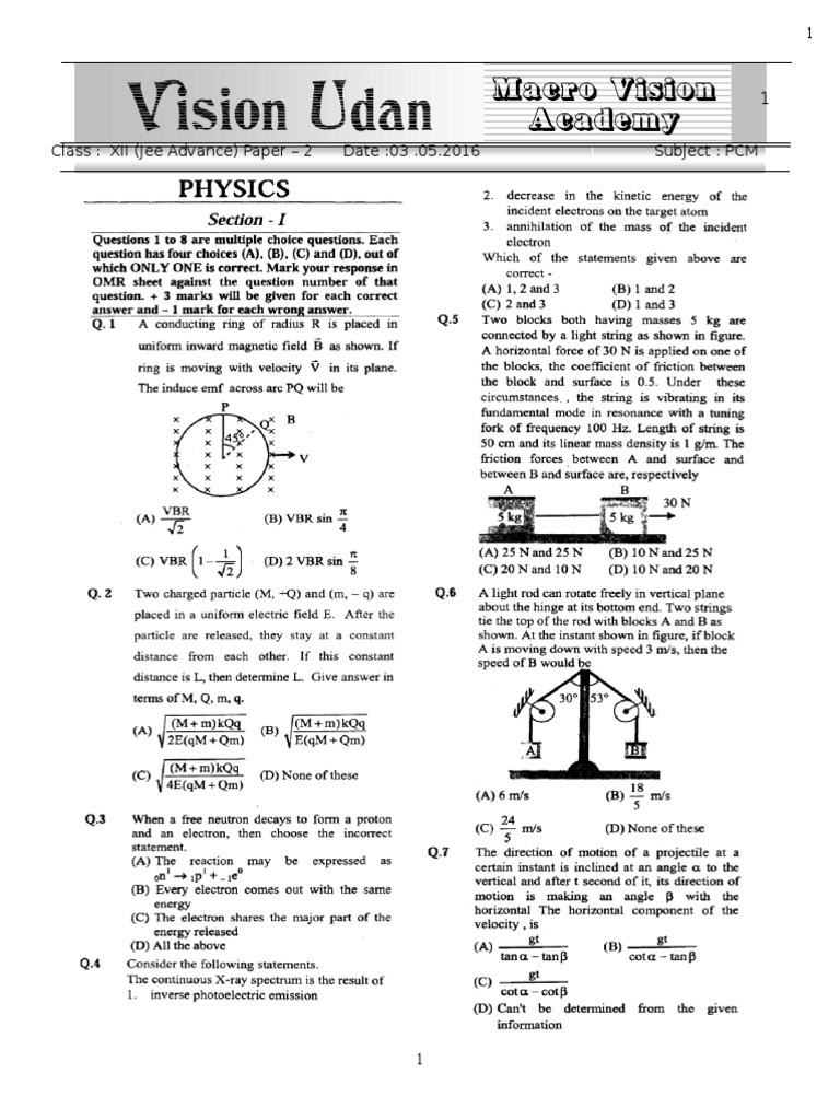 Class: XII (Jee Advance) Paper - 2 Date:03 .05.2016 Subject: PCM | PDF