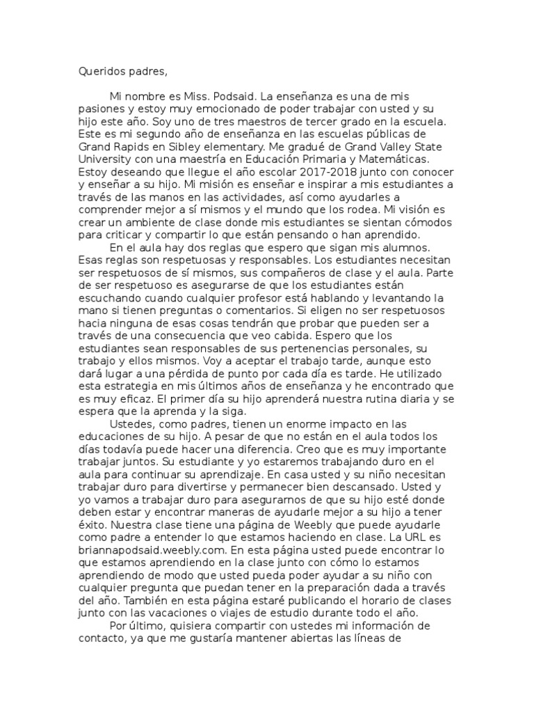 Parent Letter Spanish | PDF | Educación primaria | Cognición