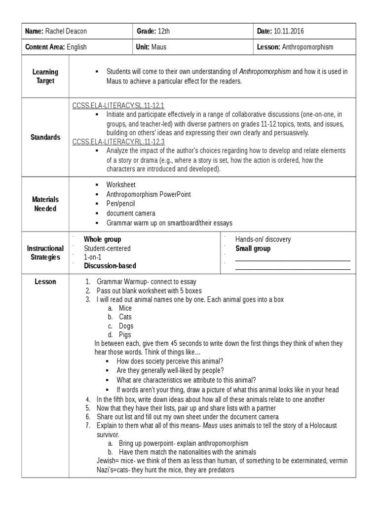 Maus Lesson Plan: Exploring Anthropomorphism | PDF | Anthropomorphism ...