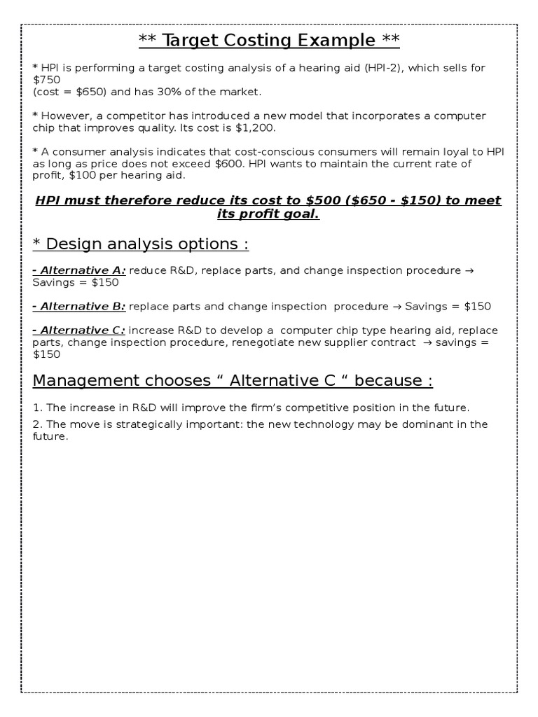 Target Costing Example : Design Analysis Options | PDF