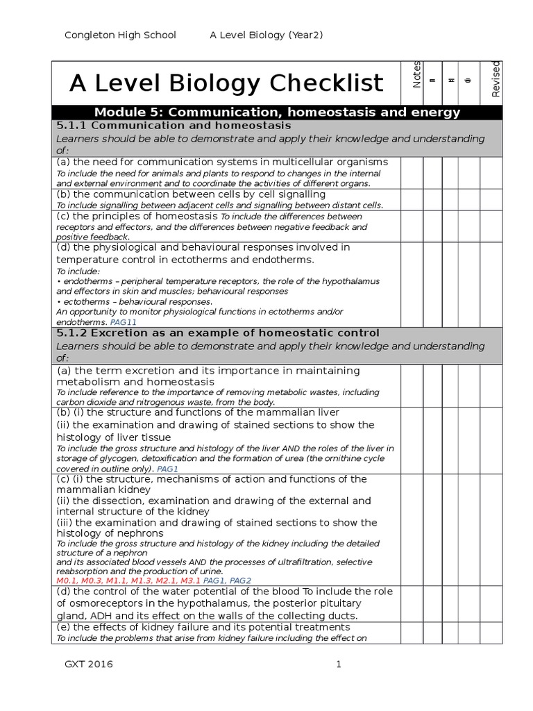 OCR A Level Biology Content Year 2 Checklist 2016 | PDF ...