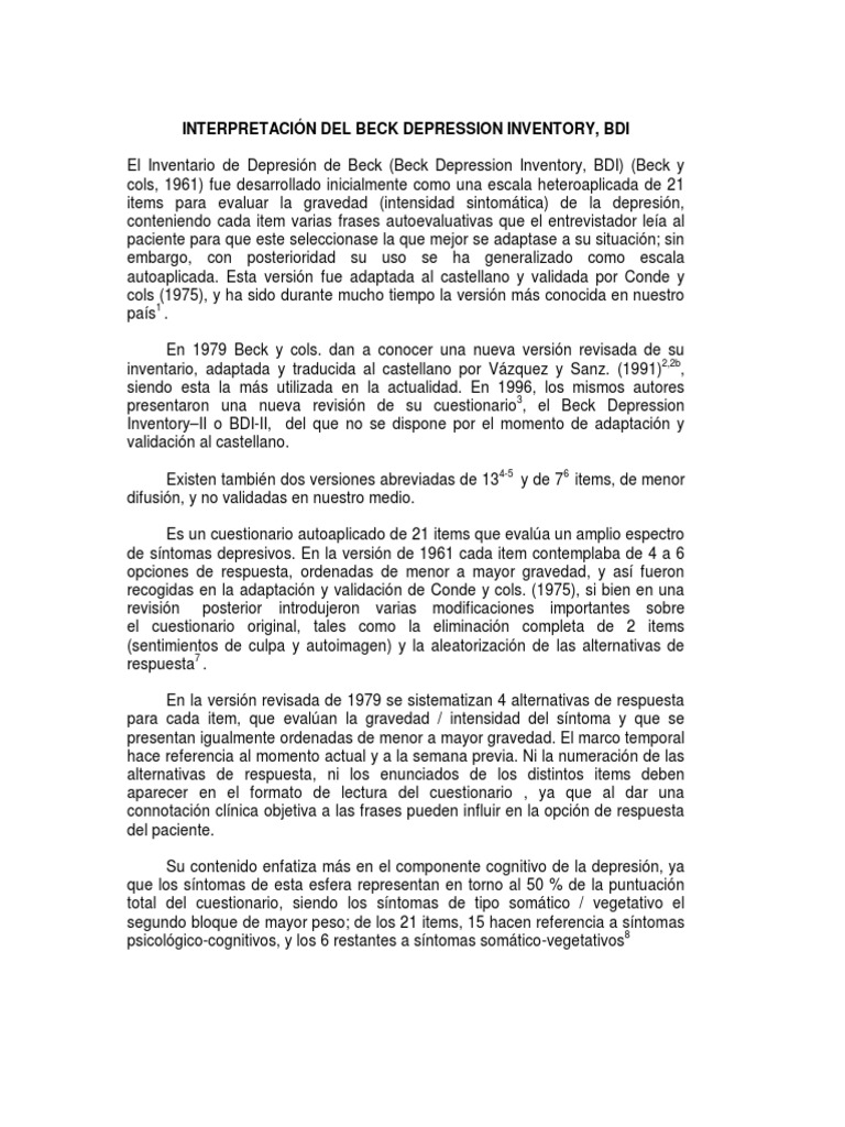 Interpretacion BDI | PDF | Depresión (estado de ánimo) | Diagnostico medico