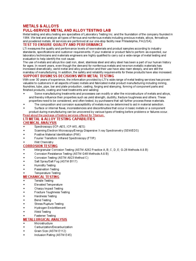 Metals & Alloys: Full-Service Metal and Alloy Testing Lab | PDF ...