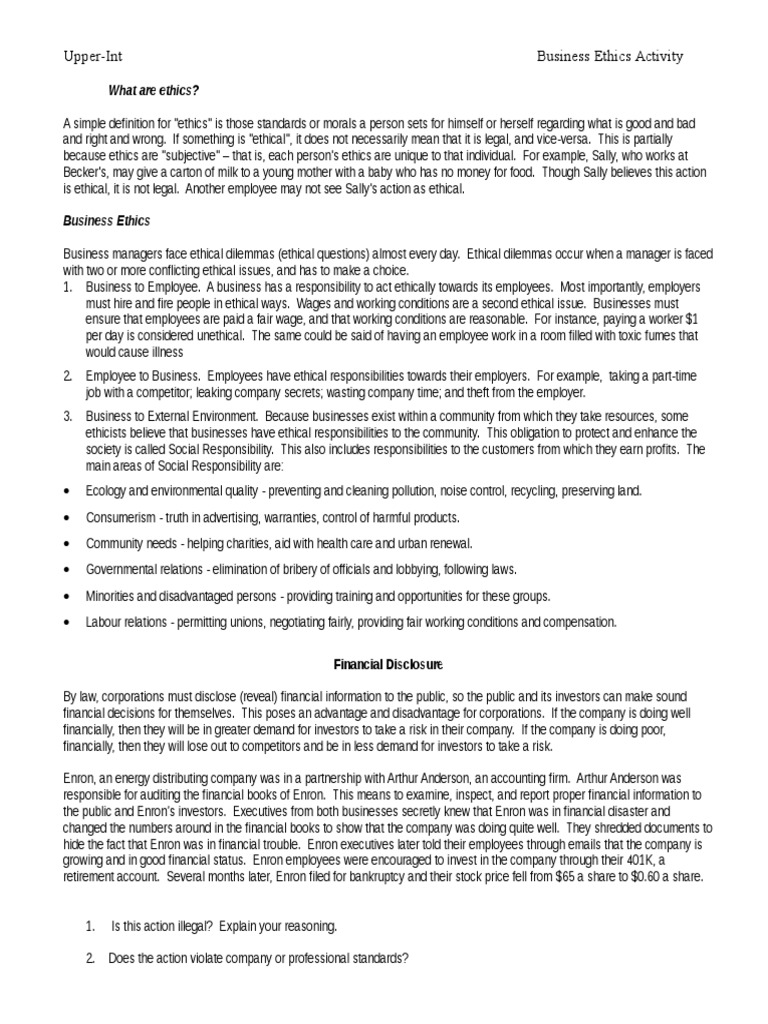 Business Ethics Activity | PDF | Enron | Employment