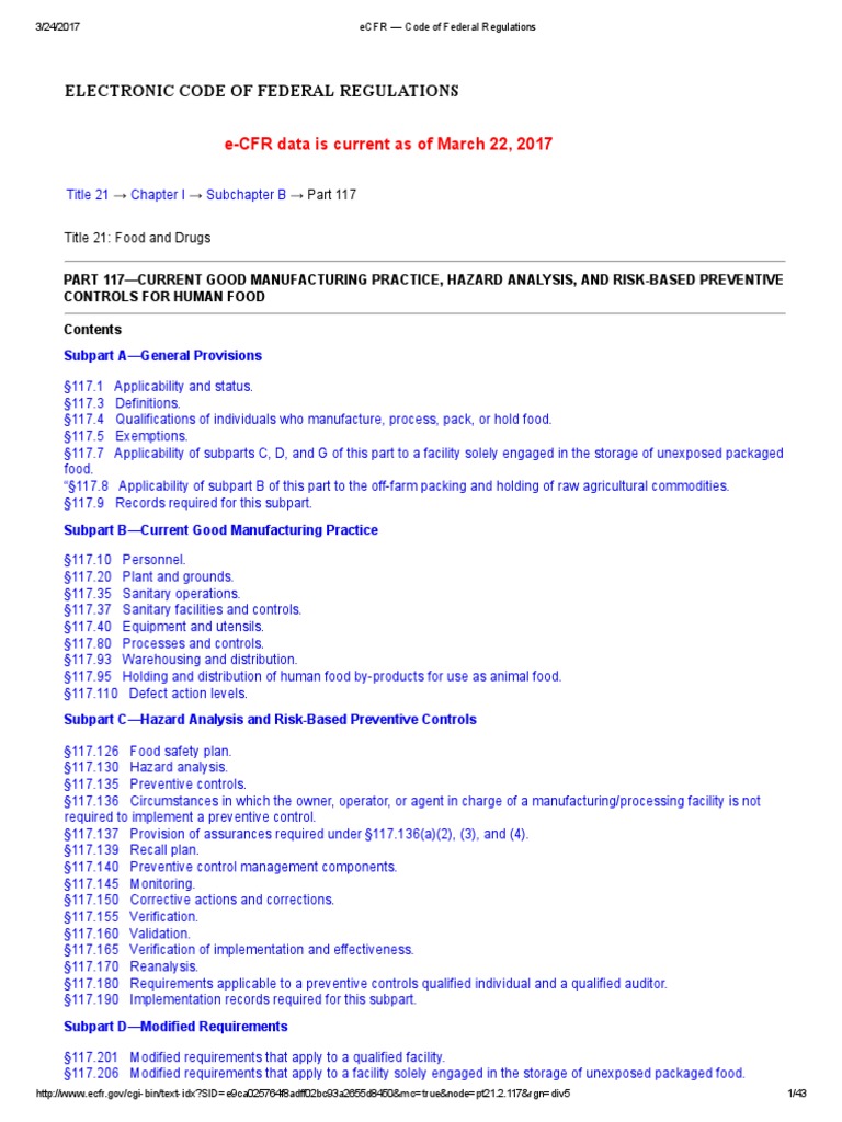 CFR 21 PART 117 | Food And Drug Administration | Foods